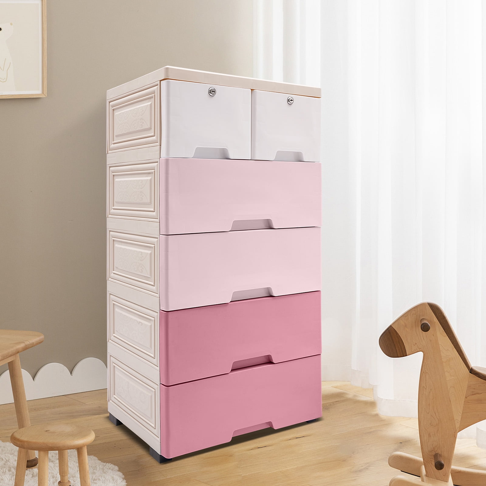 Storage Cabinet with Drawers, Gradient Pink Plastic Drawers Dresser ...