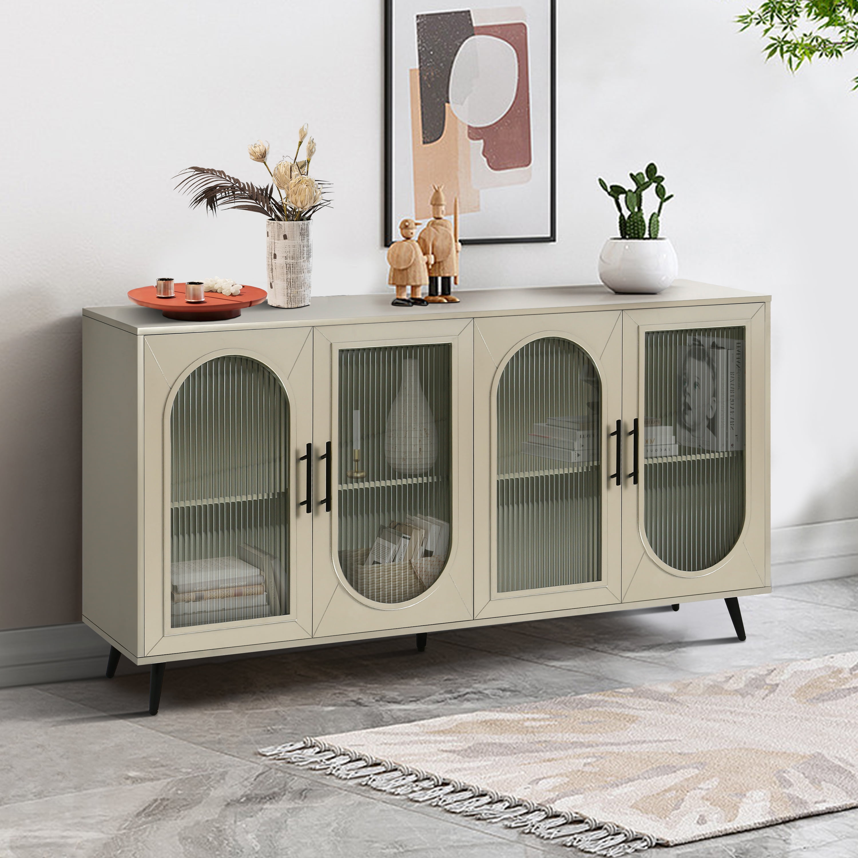 Storage Cabinet with Gaussian Glass Doors & Adjustable Shelves, 60 ...