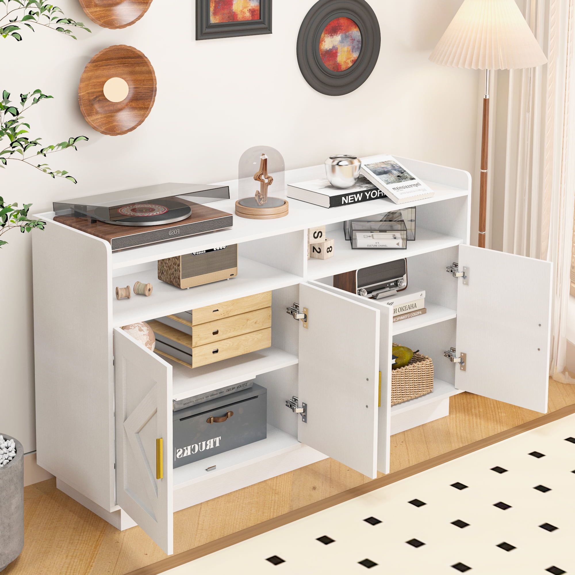 Storage Cabinets, Floor Sideboard with 4 Doors & 2 Open Storage Shelf ...