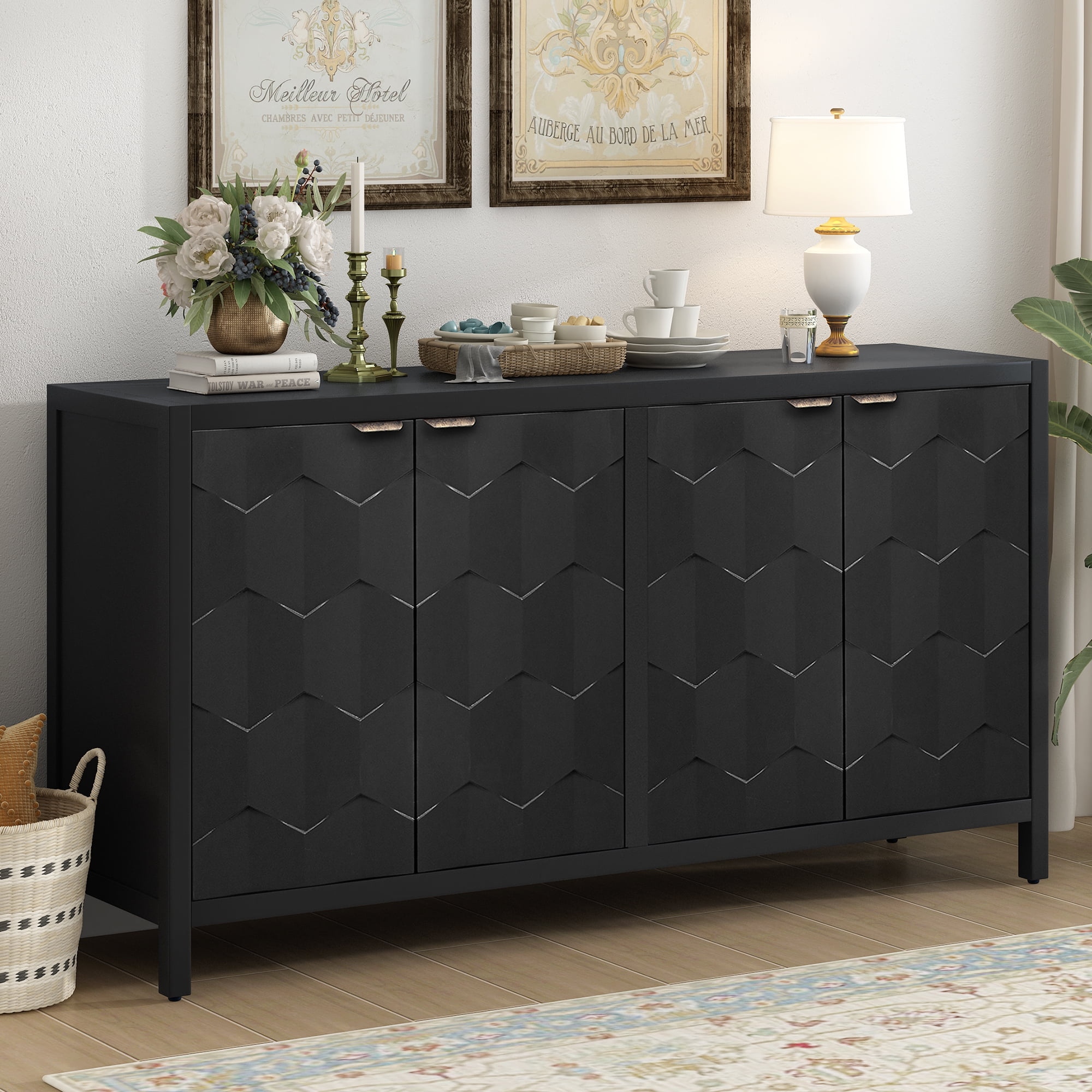 Storage Cabinets, Floor Sideboard With 4 Honeycomb Pattern Designed ...