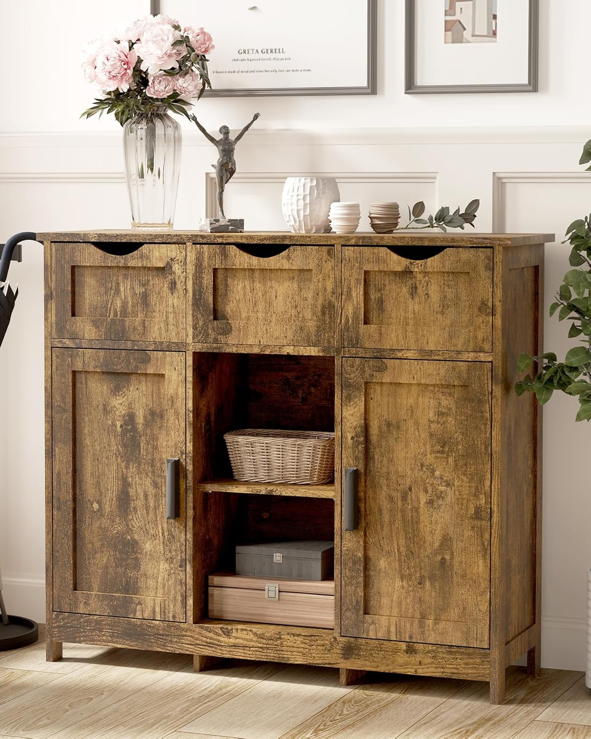 Storage Cabinets，Wooden Floor Cabinet，with Drawers and Shelves Storage ...