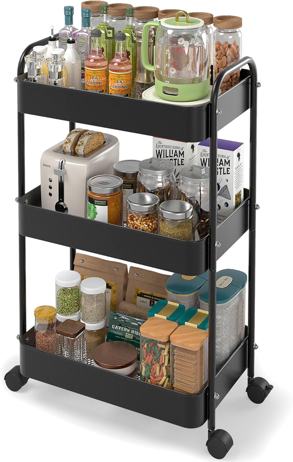 Storage Cart 3 Tier Black Metal Rolling Carts with Wheels for Small ...