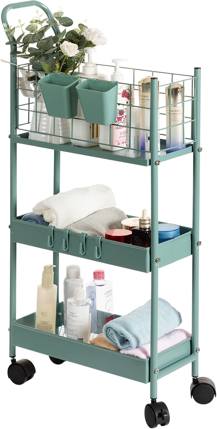 Storage Cart, 3 Tier Metal Narrow Storage Cart with Handle, Hooks and ...