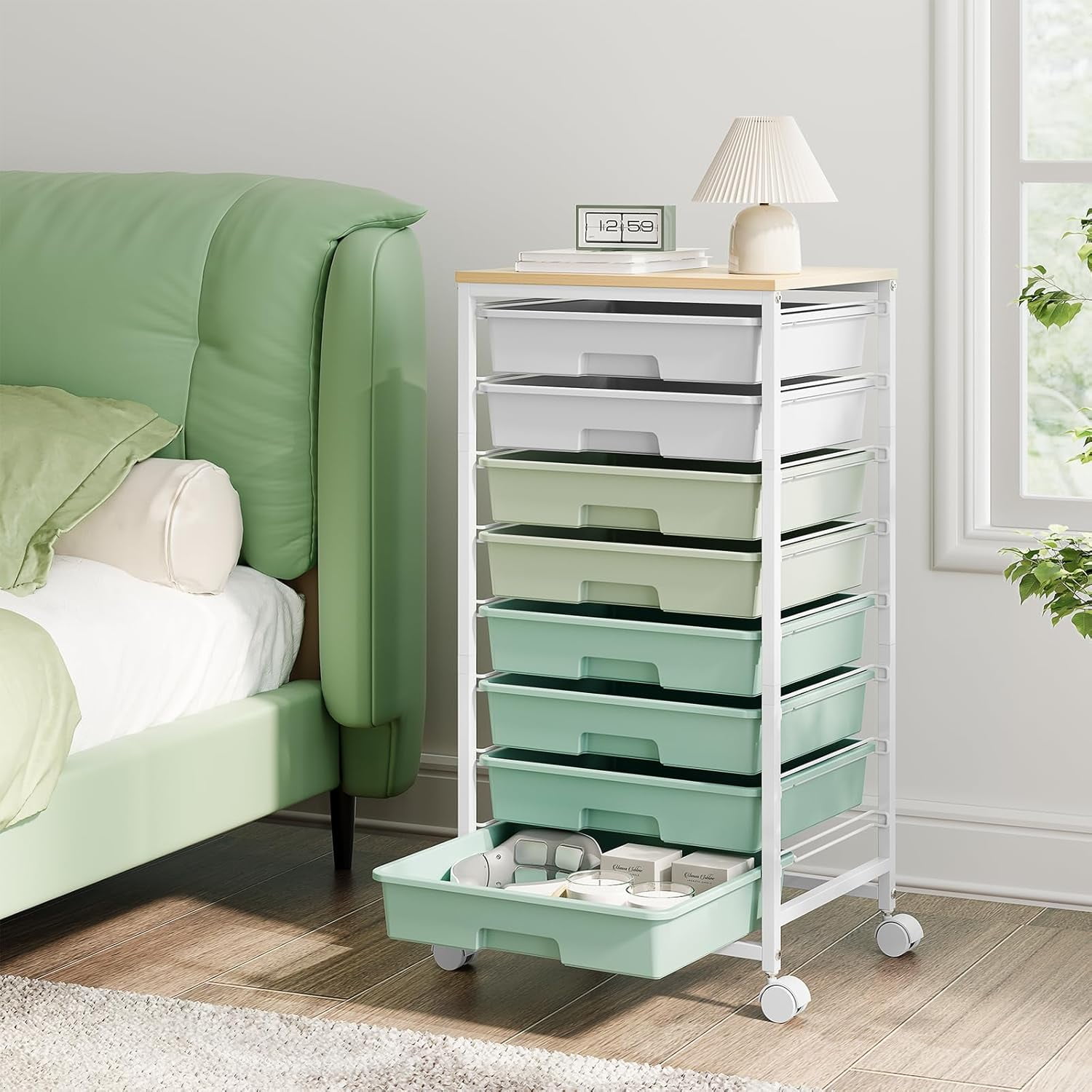 Storage Cart with 8 Drawers, Utility Cart with White Drawers and Wooden ...