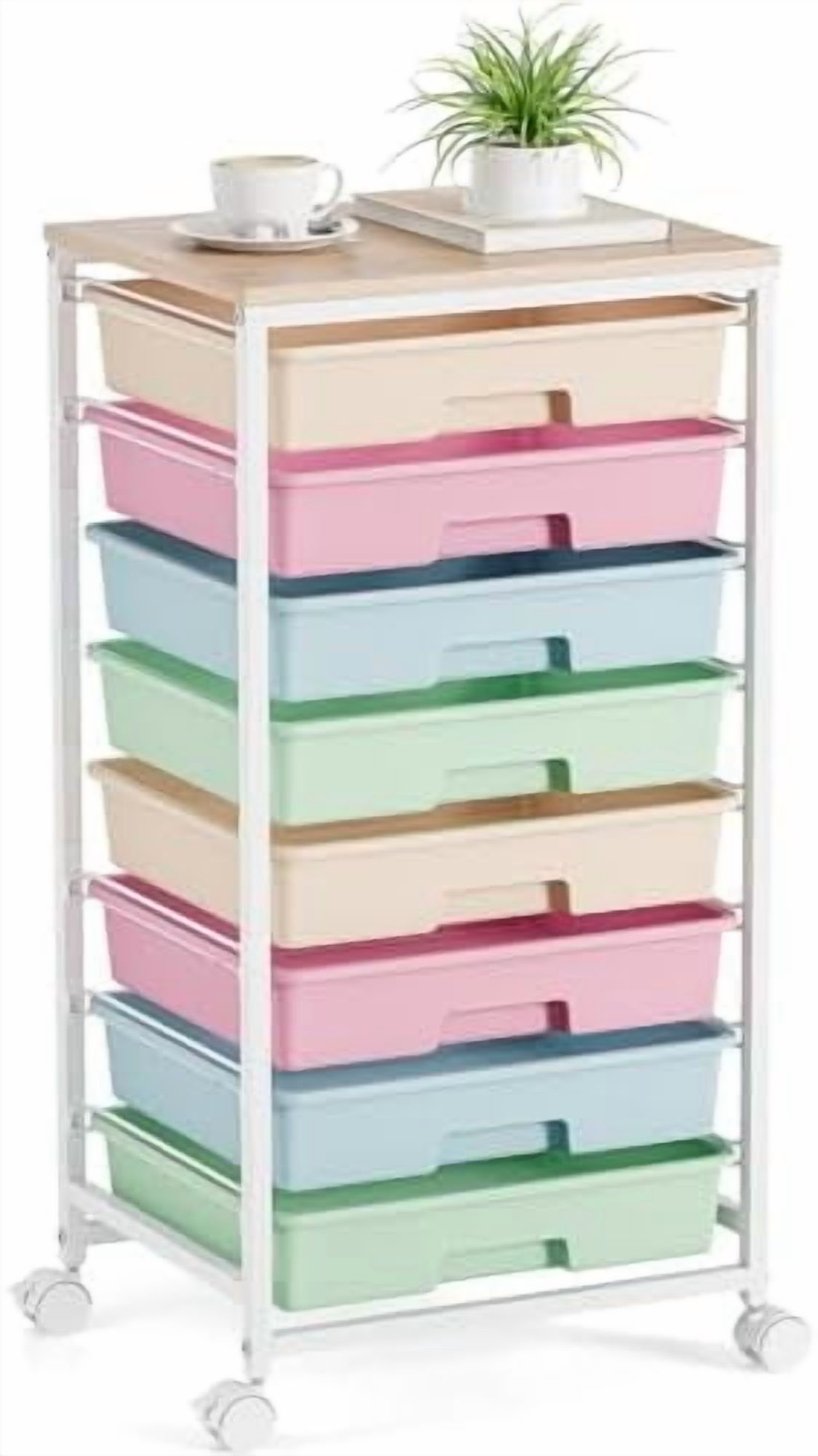 Storage Cart with 8 Drawers, Utility Cart with White Drawers and Wooden ...
