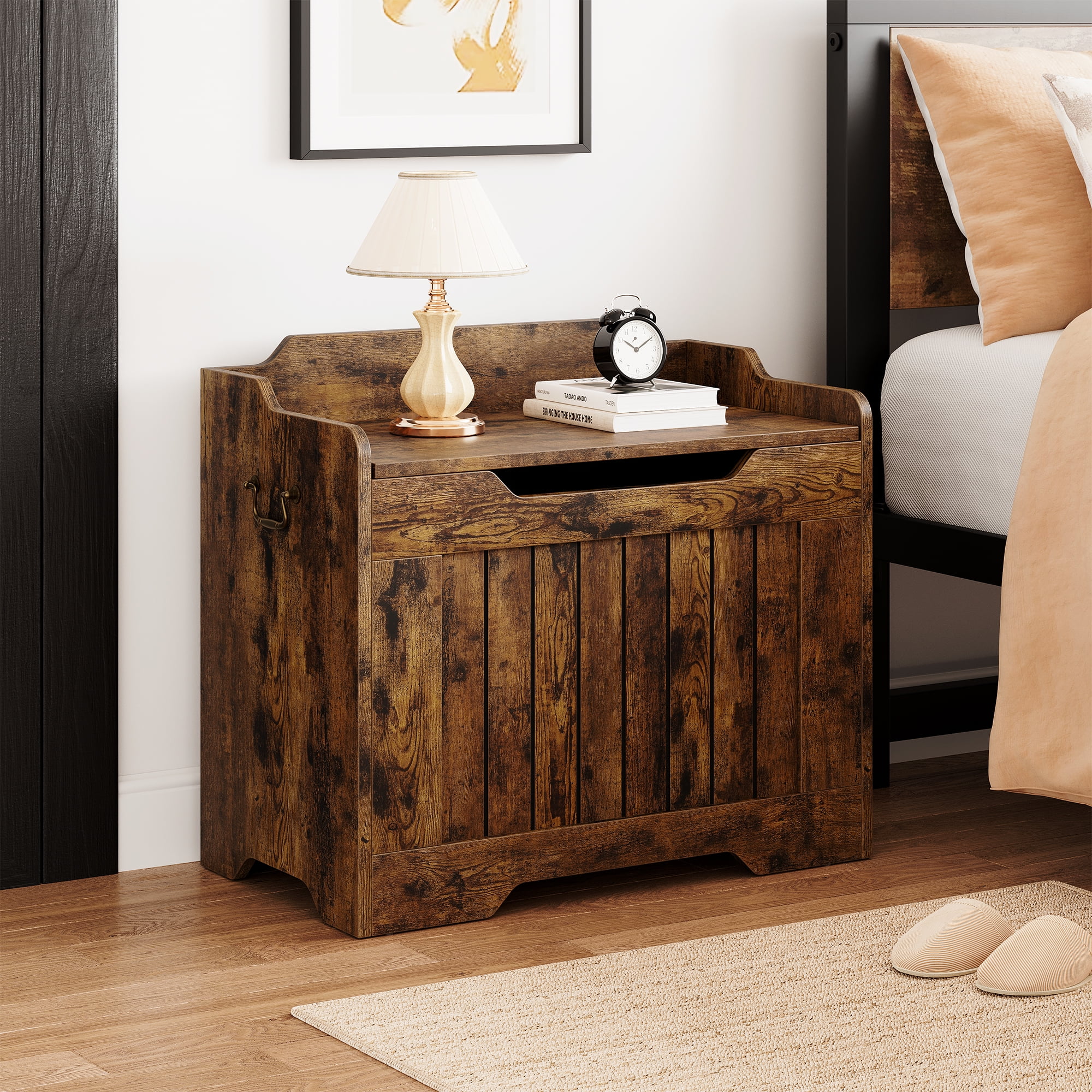 Storage Chest, 24.8" Storage Trunk, Wooden Storage Bench with Safety ...