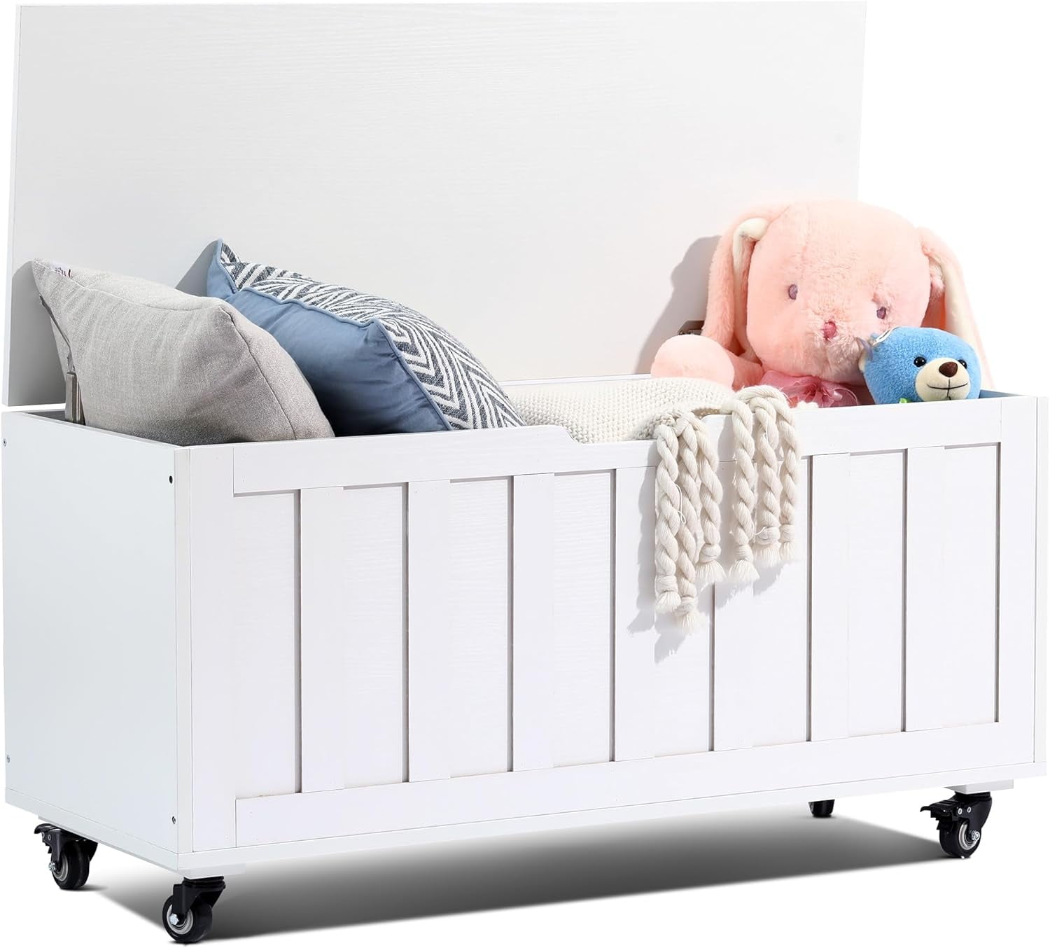 Storage Chest, 39.4'' Wooden Bench with 4 Wheels & 2 Safety Hinges ...