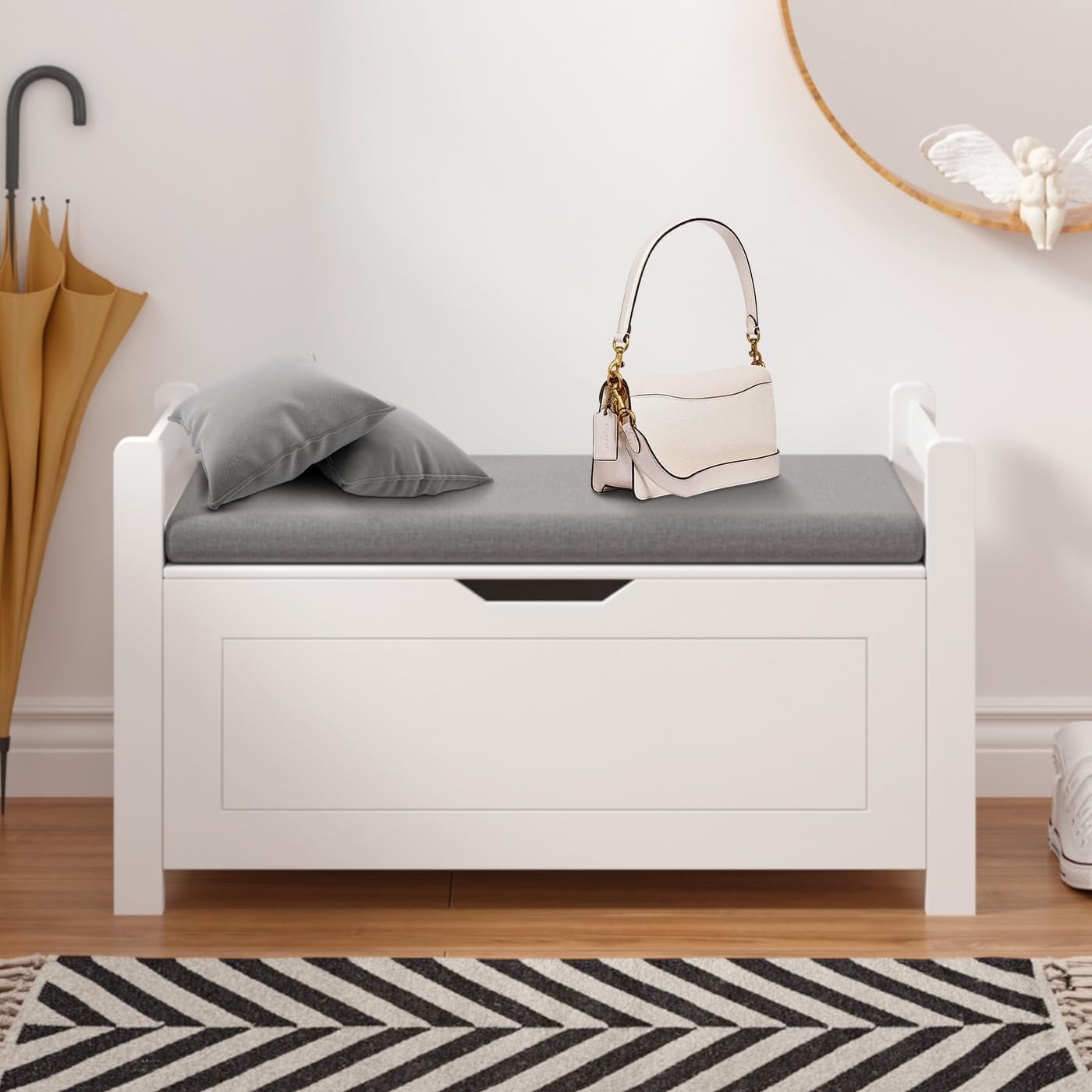 35"" White Entryway Storage Bench with Cushion - Wooden Toy Box with ...