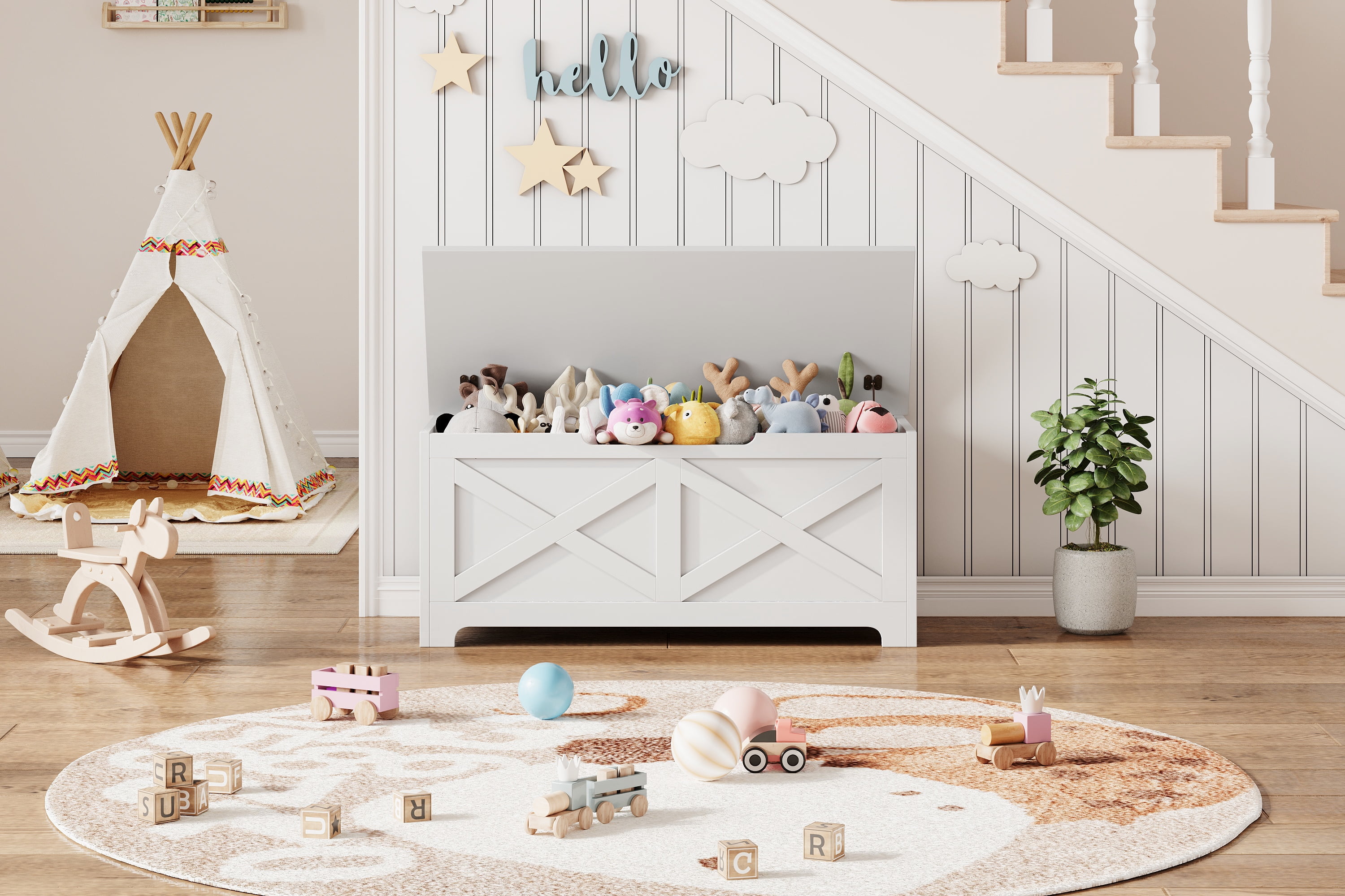 Storage Chest, Wooden Storage Bench with Safety Hinges, Easy Assembly ...