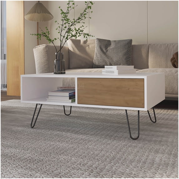 Storage Coffee Table with Drawer & Hairpin Legs, White Oak Modern ...