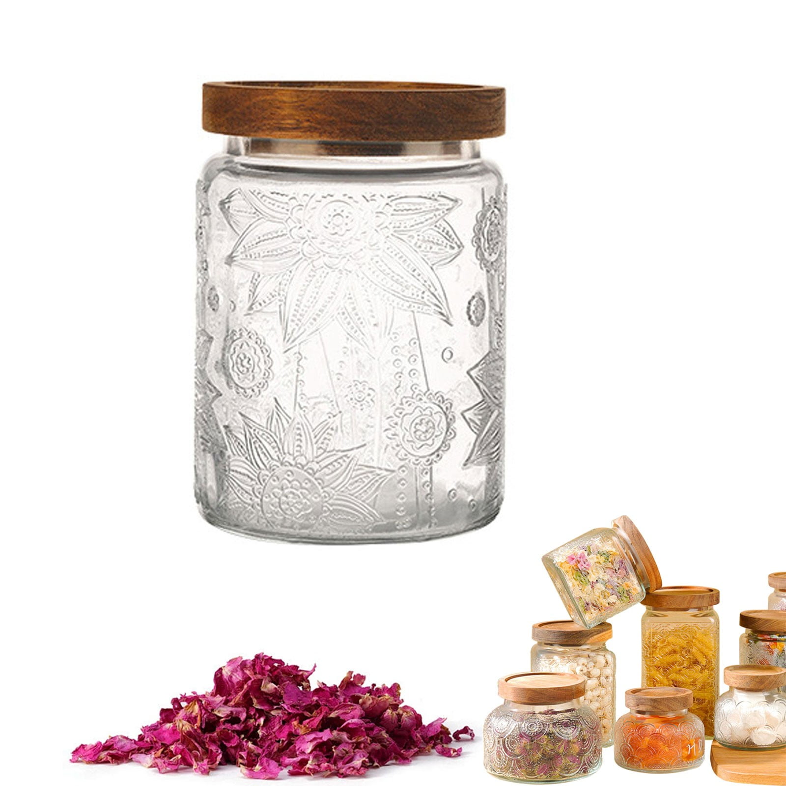 Storage Containers,1/3 Can 260 To 2200 Milliliters Sealed Glass With Wooden Lid Embossed Glass ...