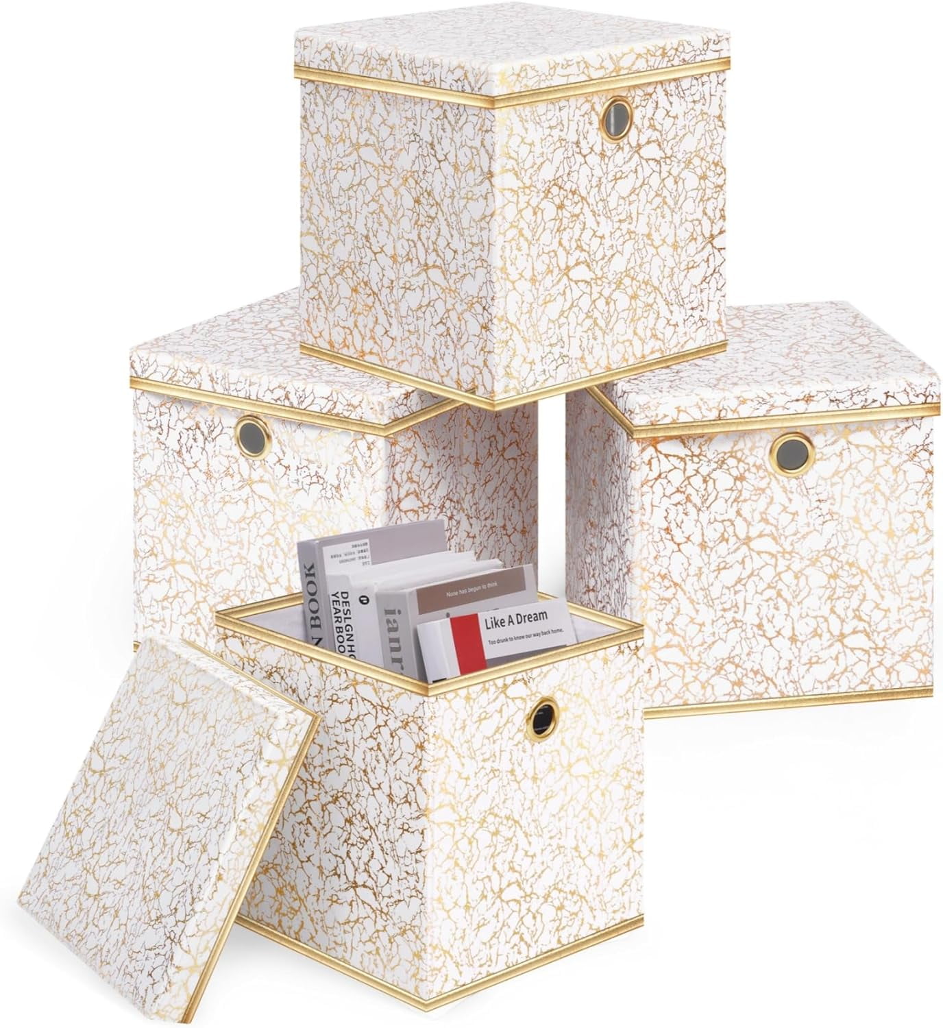 Storage Cubes with Lids, 11inch Foldable Metallic Fabric Storage Cubes with Grommet Handle ...