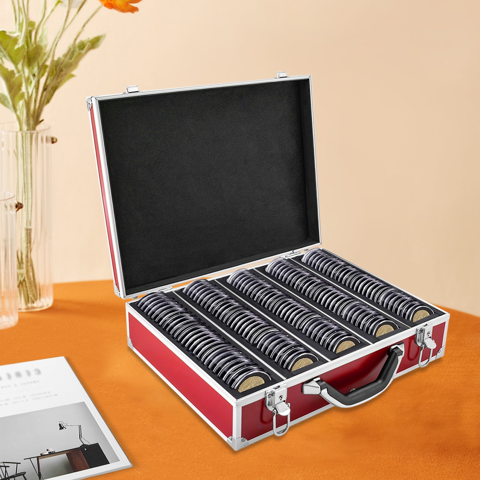 Storage & Display Aluminum Alloy Red Box Case Holds 100 Coin Holders ...