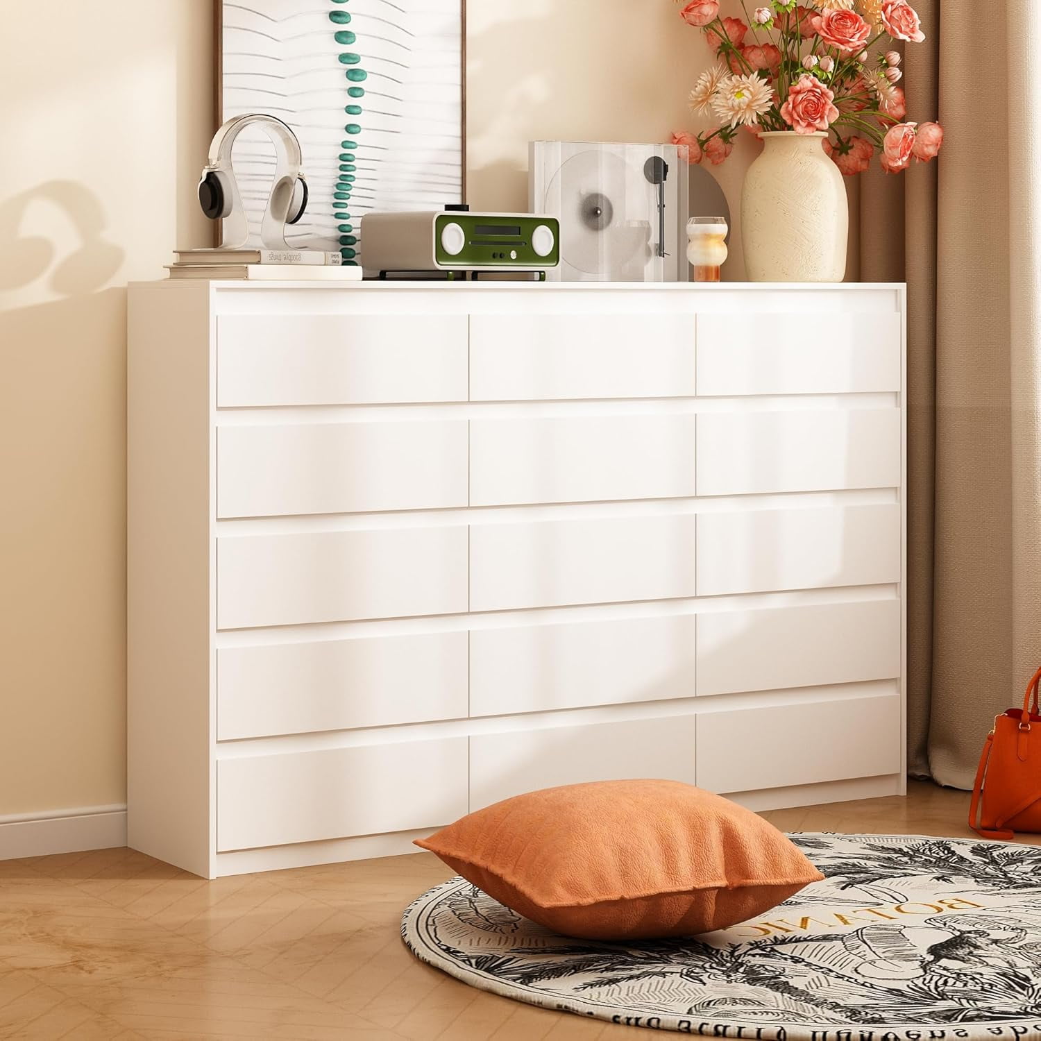 Storage Dresser with 15 Handleless Drawers, 70.9" White Chest of ...