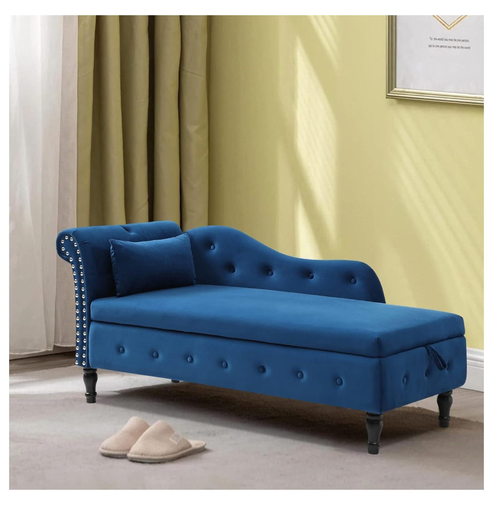 Storage End of Bed, Blue, 60" Rolled Arm, Button Tufting, Nailhead Trim ...