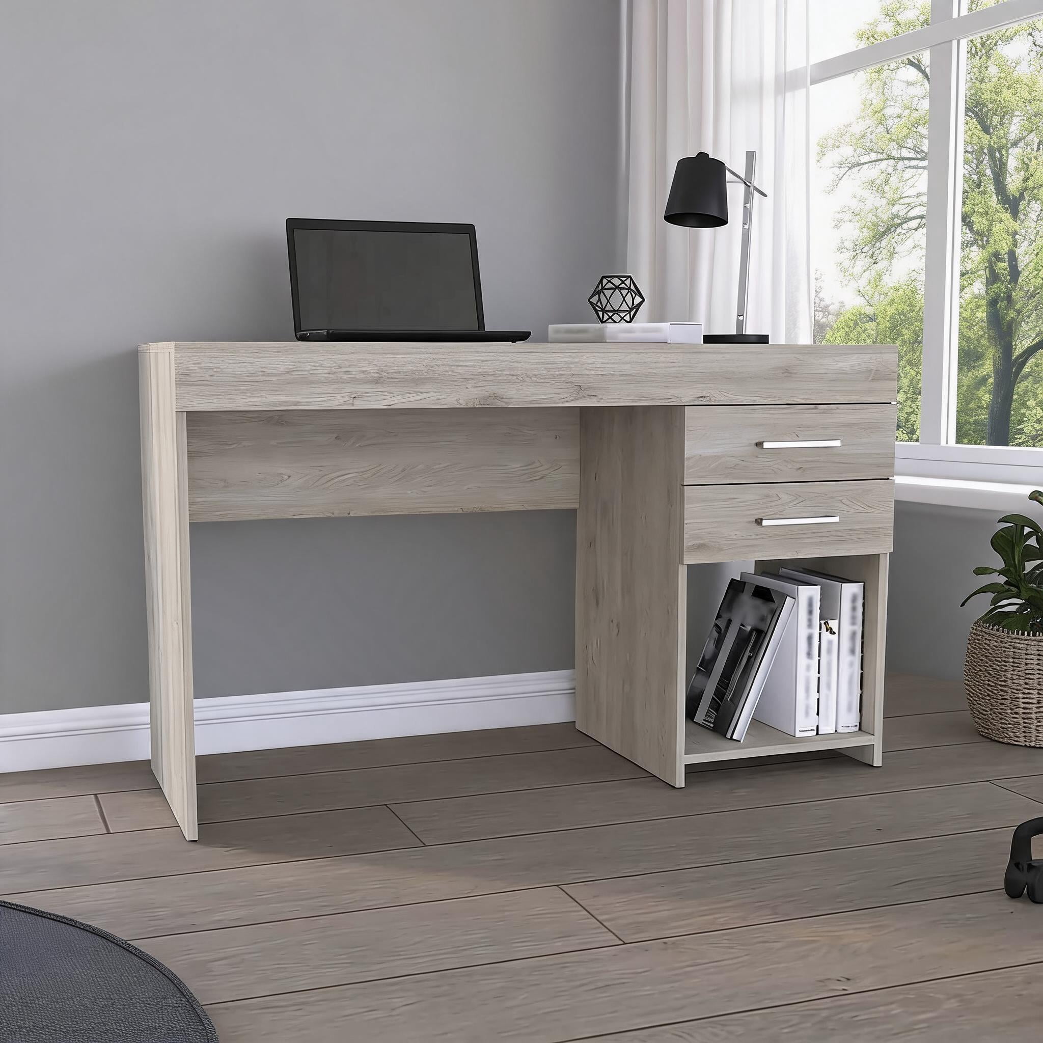 Storage-Focused 2-Drawer Computer Desk With Lower Open Shelf, Cool Gray ...