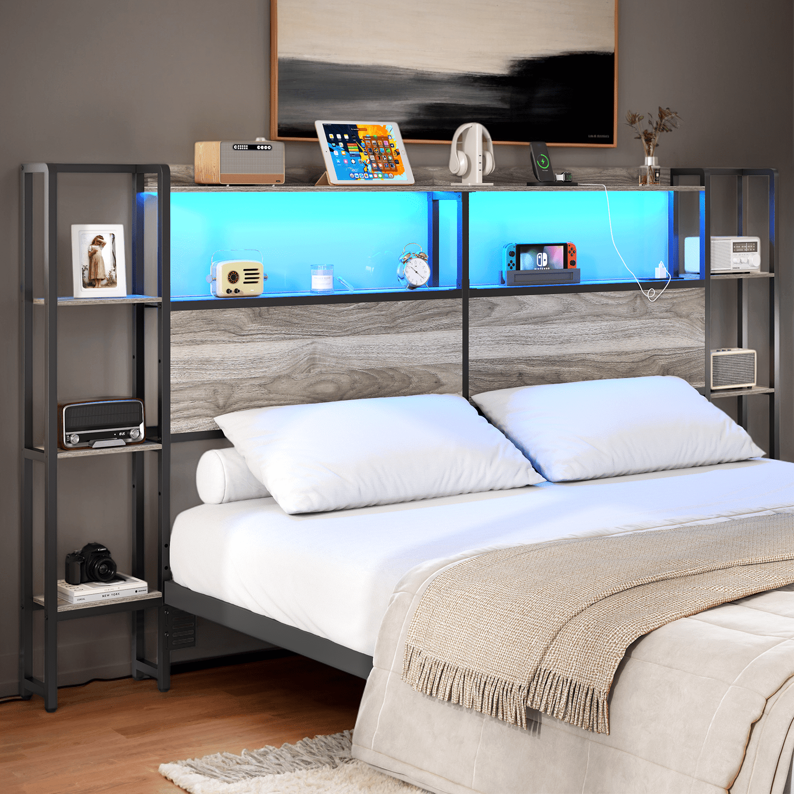 Storage Headboard with LED Lights & Charging Station, 55" Wide Open ...