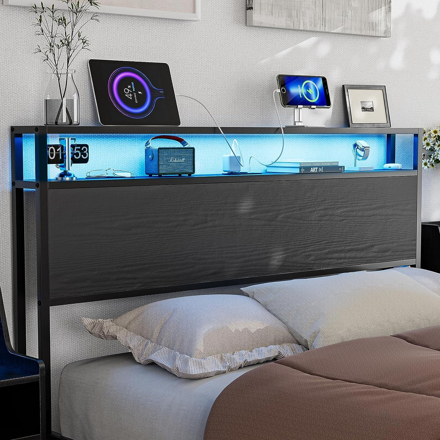 Storage Headboard with Charging Station, Farmhouse Design Featuring LED ...