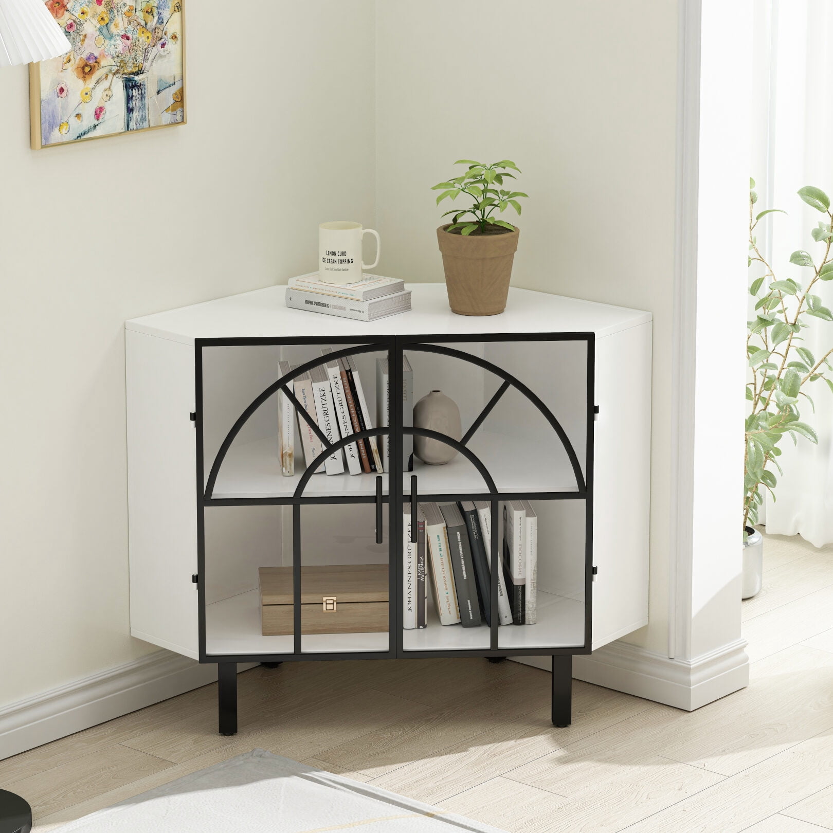 Storage Hexagonal Corner Cabinet with Tempered Glass Doors, Modern ...