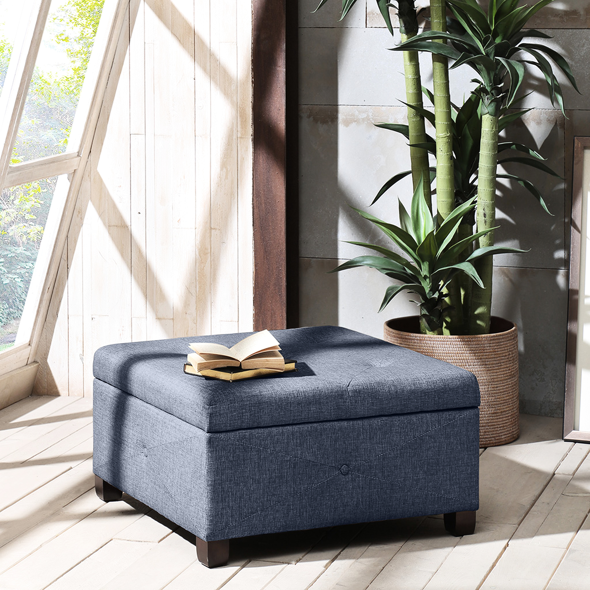 Storage In Blue - Solid Wood Legs, Button Detail Square Shade Dark ...