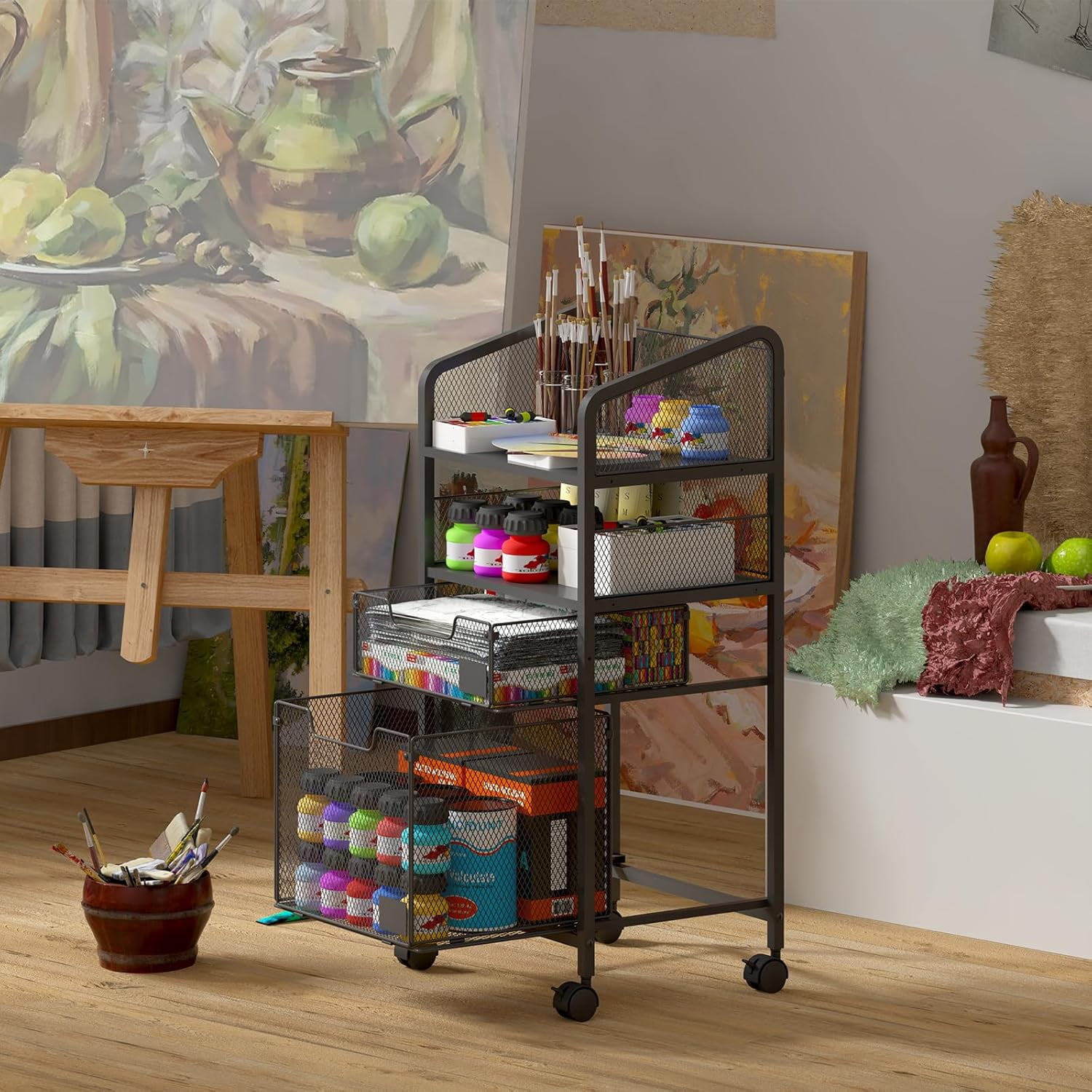 Storage Organization Cart - 4-Tier Metal Rolling Cart with Lockable ...