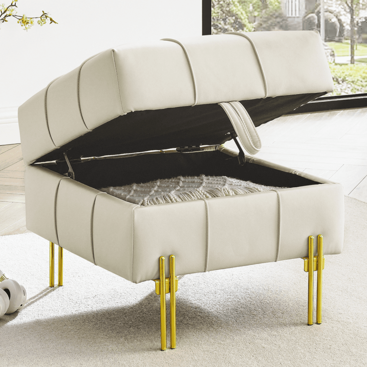 Storage Ottoman, 22" Anti-scratch Leather Storage Ottoman, Modern ...