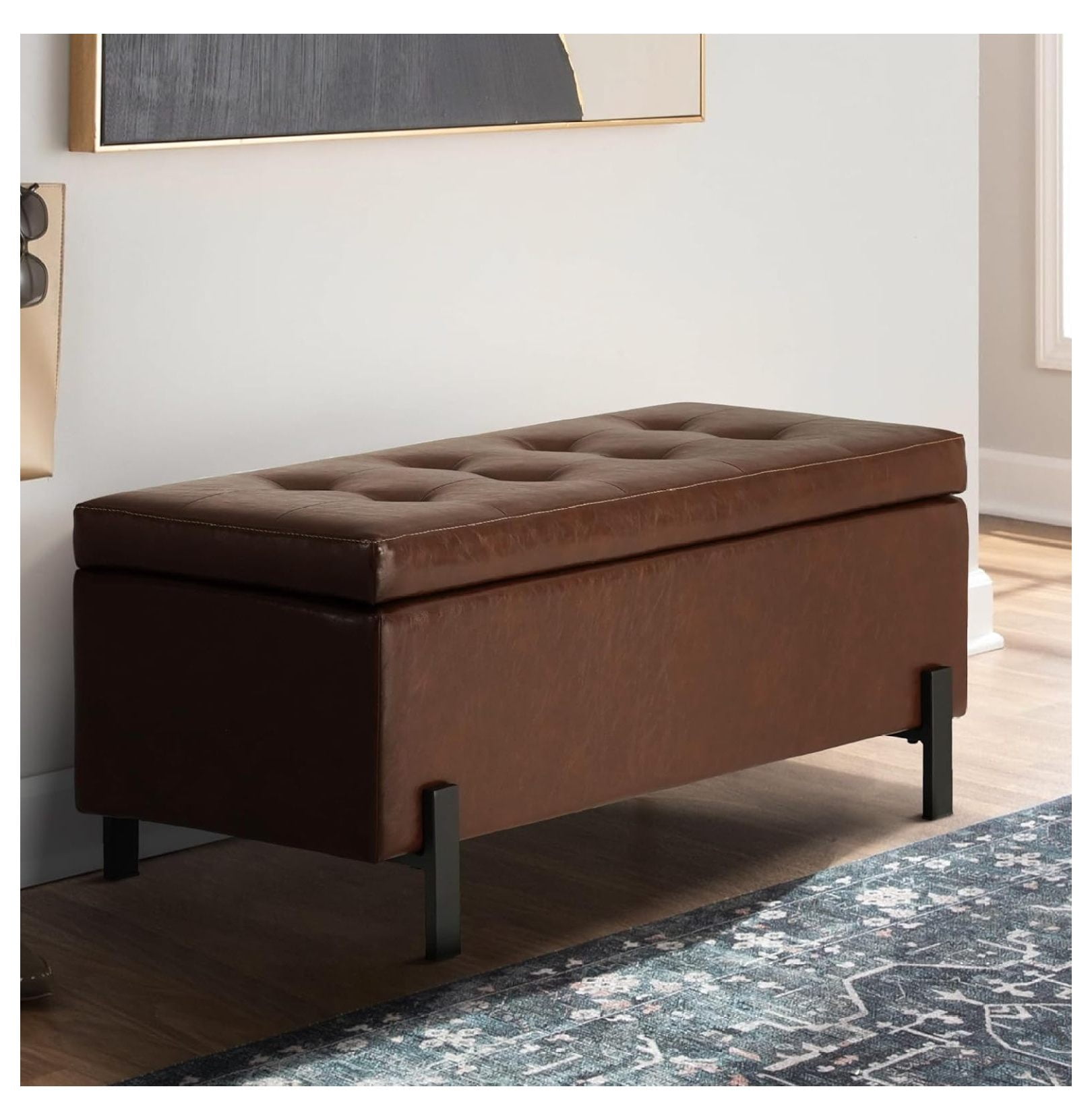 Storage Ottoman , 40" Wide Transitional Rectangle Storage Ottoman, Faux ...