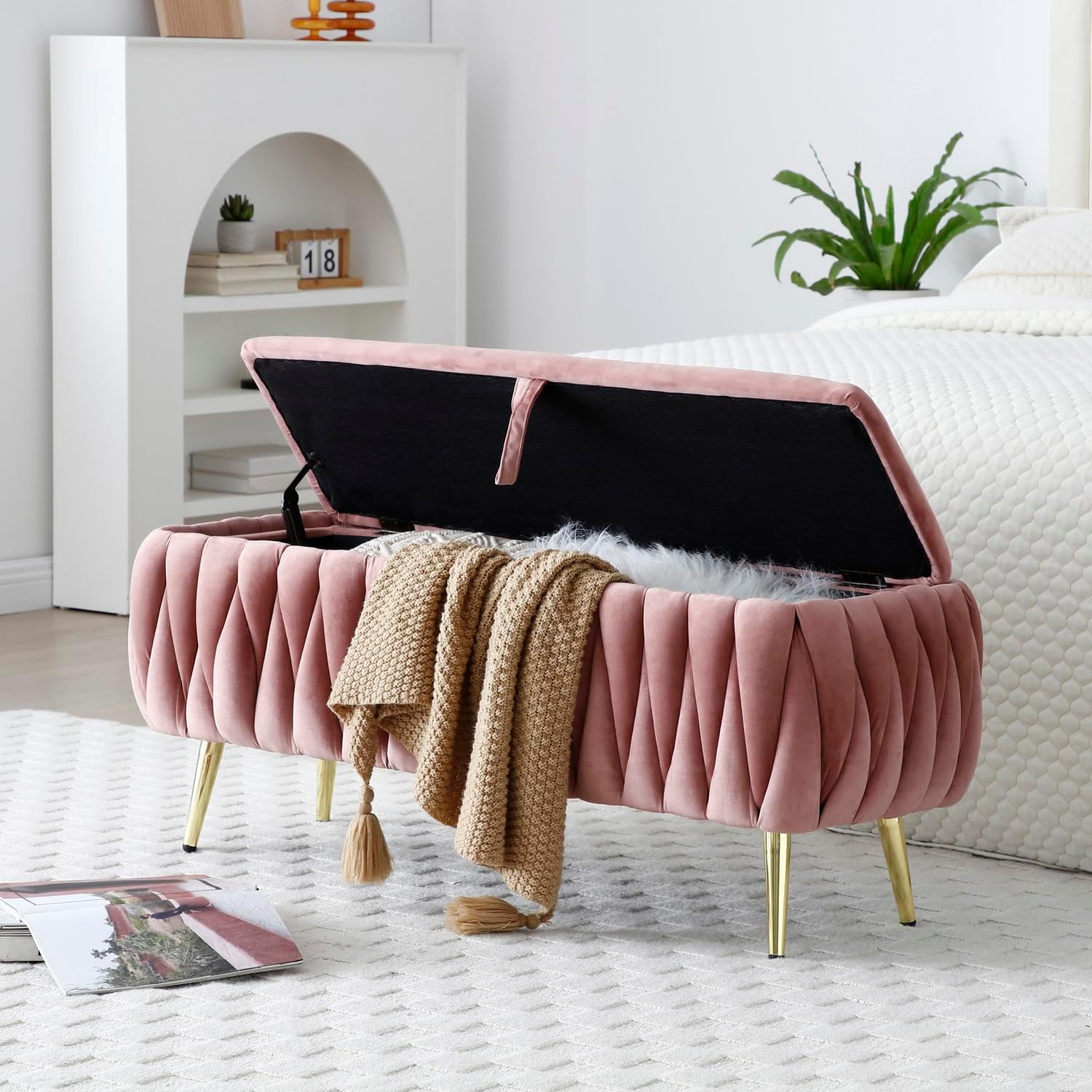 Storage Ottoman 44" Oval Woven Storage with Gold Metal Legs Mid-Century ...