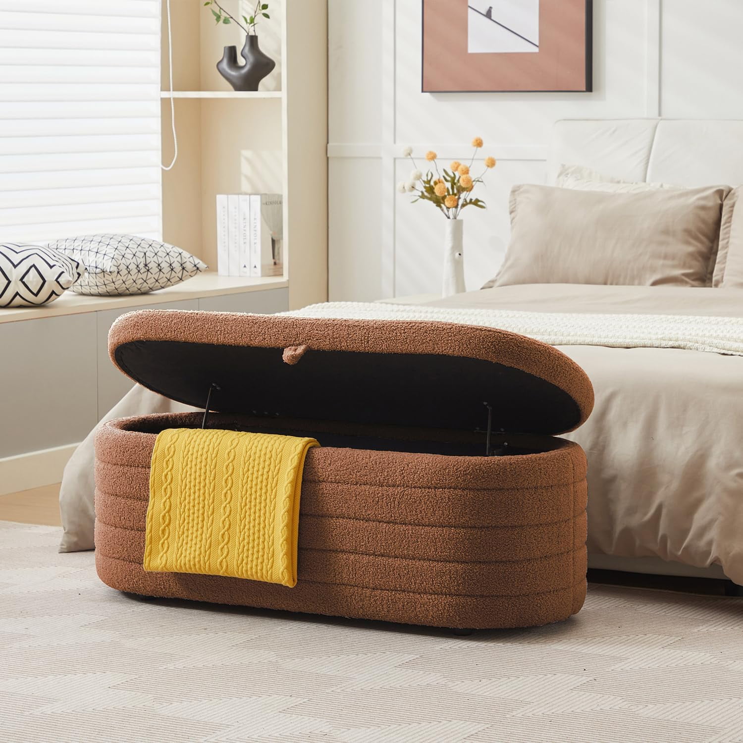 Storage Ottoman for Bedroom,45-Inch Boucle Upholstered Entryway Shoe ...