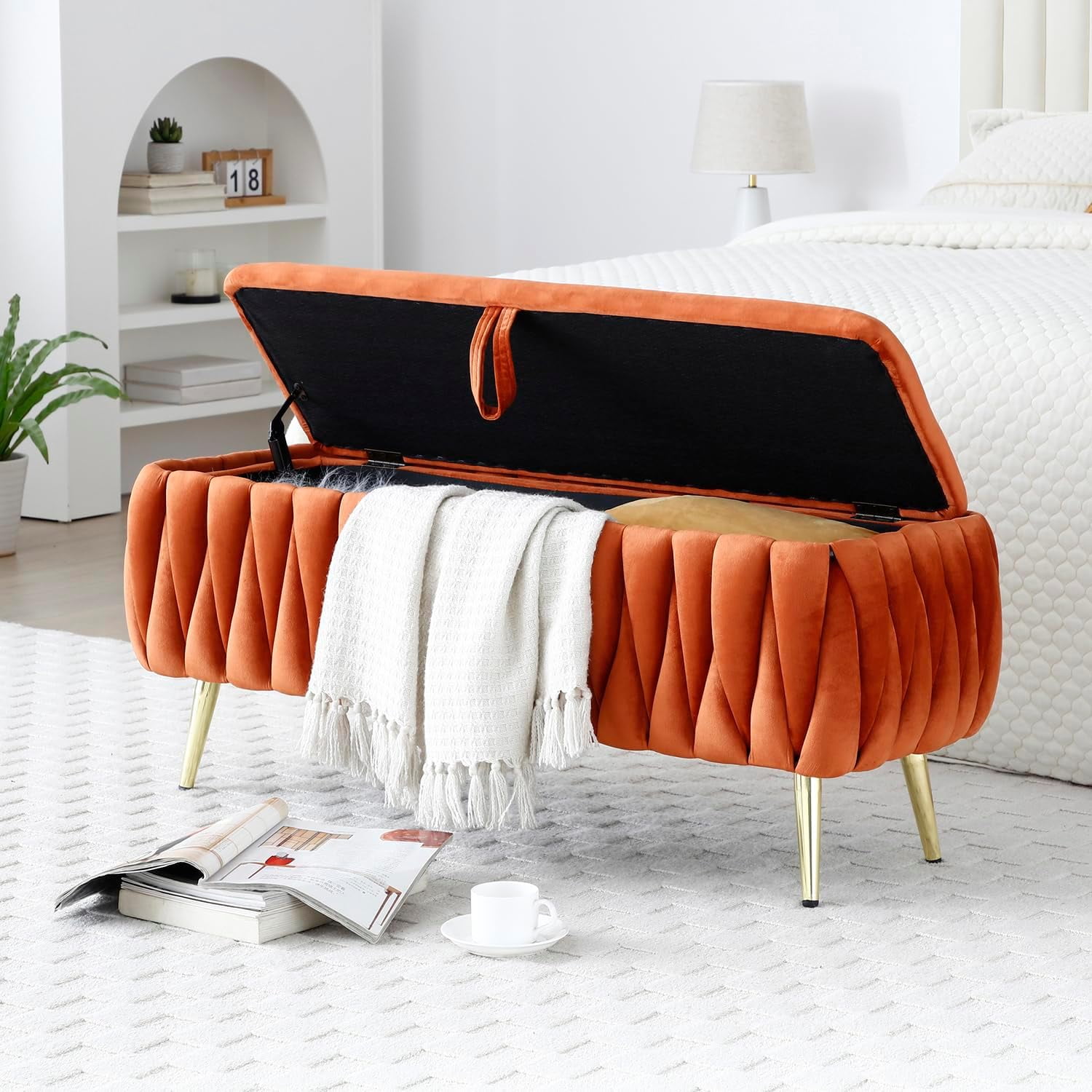 Storage Ottoman Bench 44" Oval Woven Storage Bench with Gold Metal Legs Mid-Century Modern ...