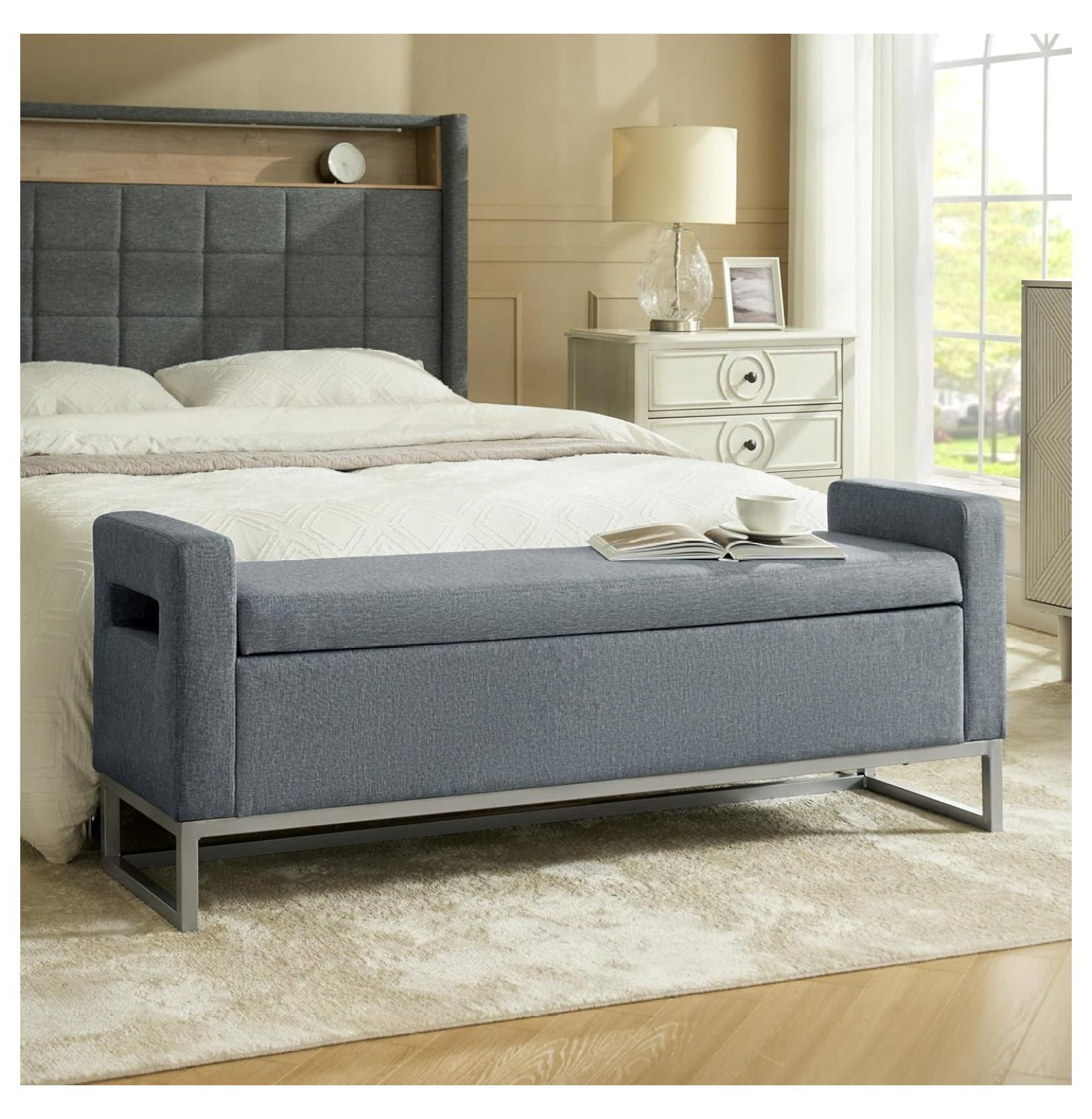 Storage Ottoman Bench with Armrests & Metal Legs, 59-Inch Extra Long ...