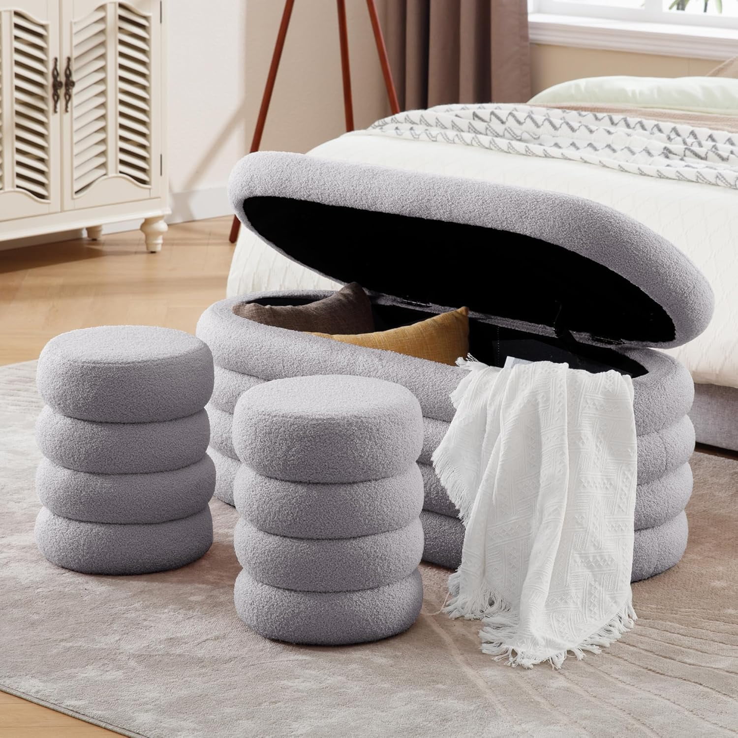 Storage Ottoman Bench for Bedroom with 2 Stools, 45" Oval Boucle Sherpa ...