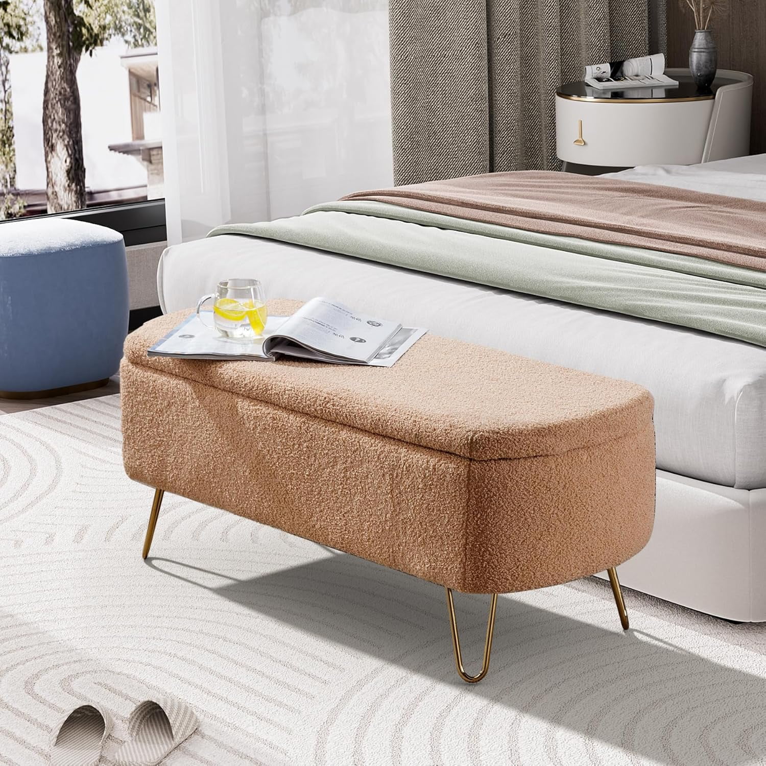 Storage Ottoman Bench for Bedroom Teddy Storage Ottoman with Gold Legs ...