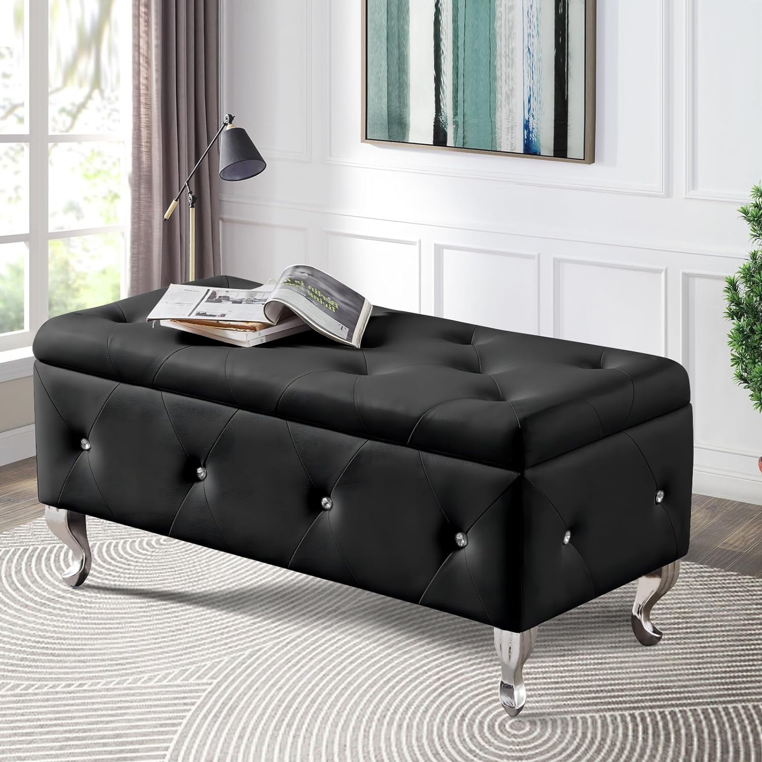 Storage Ottoman Bench Pu Leather Upholstered Storage Bench With Button