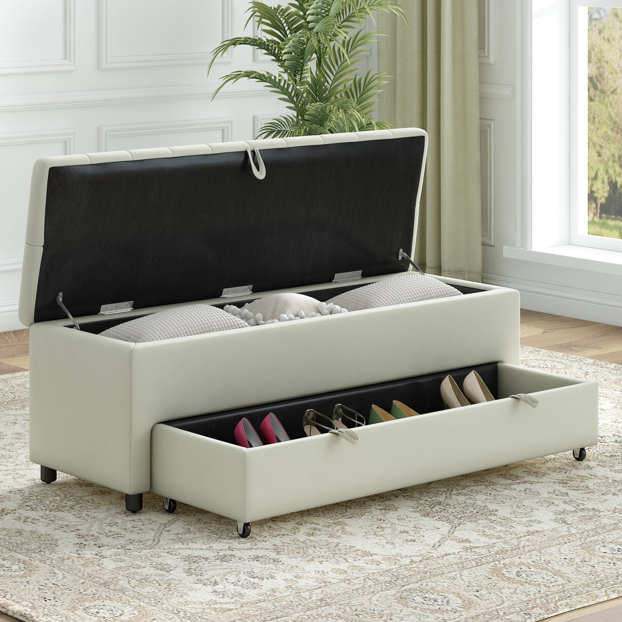 Storage Ottoman Bench With Pull Out Drawer Button Tufted Ottoman With