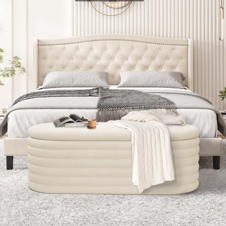 Storage Ottoman Bench with Safety Hinge, Large Oval Upholstered Fabric ...