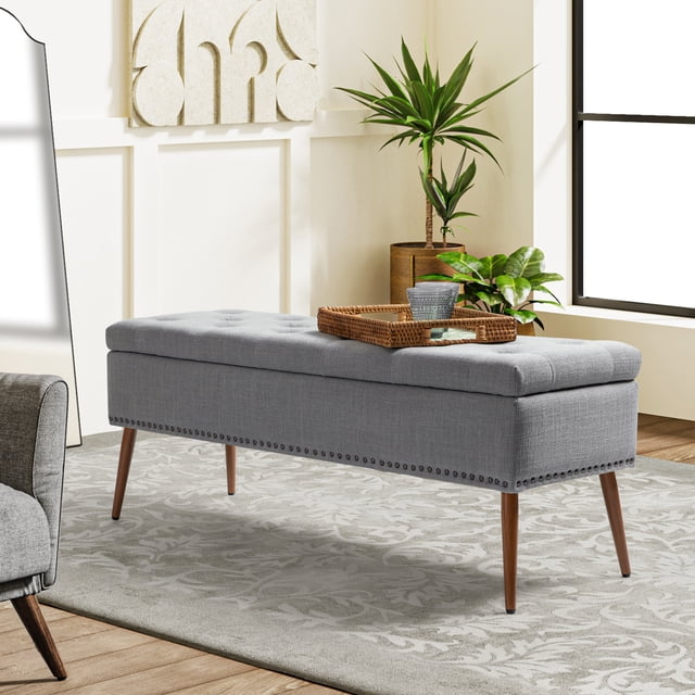 Storage Ottoman Bench Upholstered Fabric Wooden Leg Nailhead Trim ...