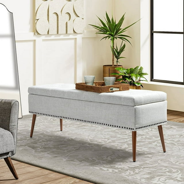 Storage Ottoman Bench Upholstered Fabric Wooden Leg Nailhead Trim