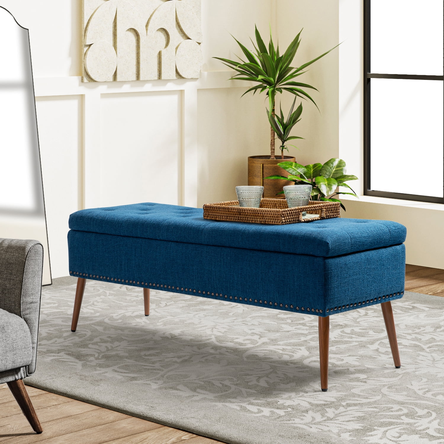 Storage Ottoman Bench Upholstered Fabric Wooden Leg Nailhead Trim ...