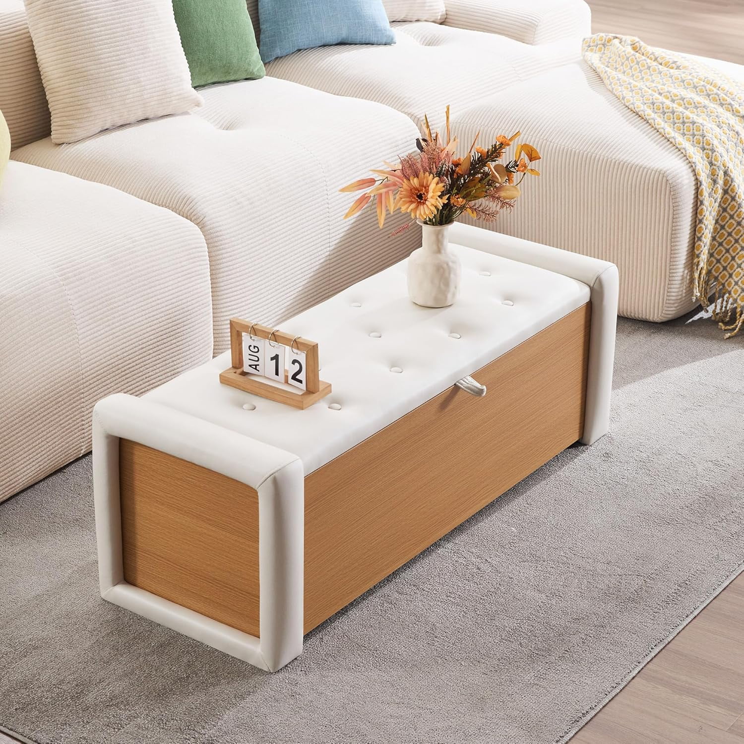 Storage Ottoman Bench, Upholstered Faux Leather Storage Bench，Beige ...