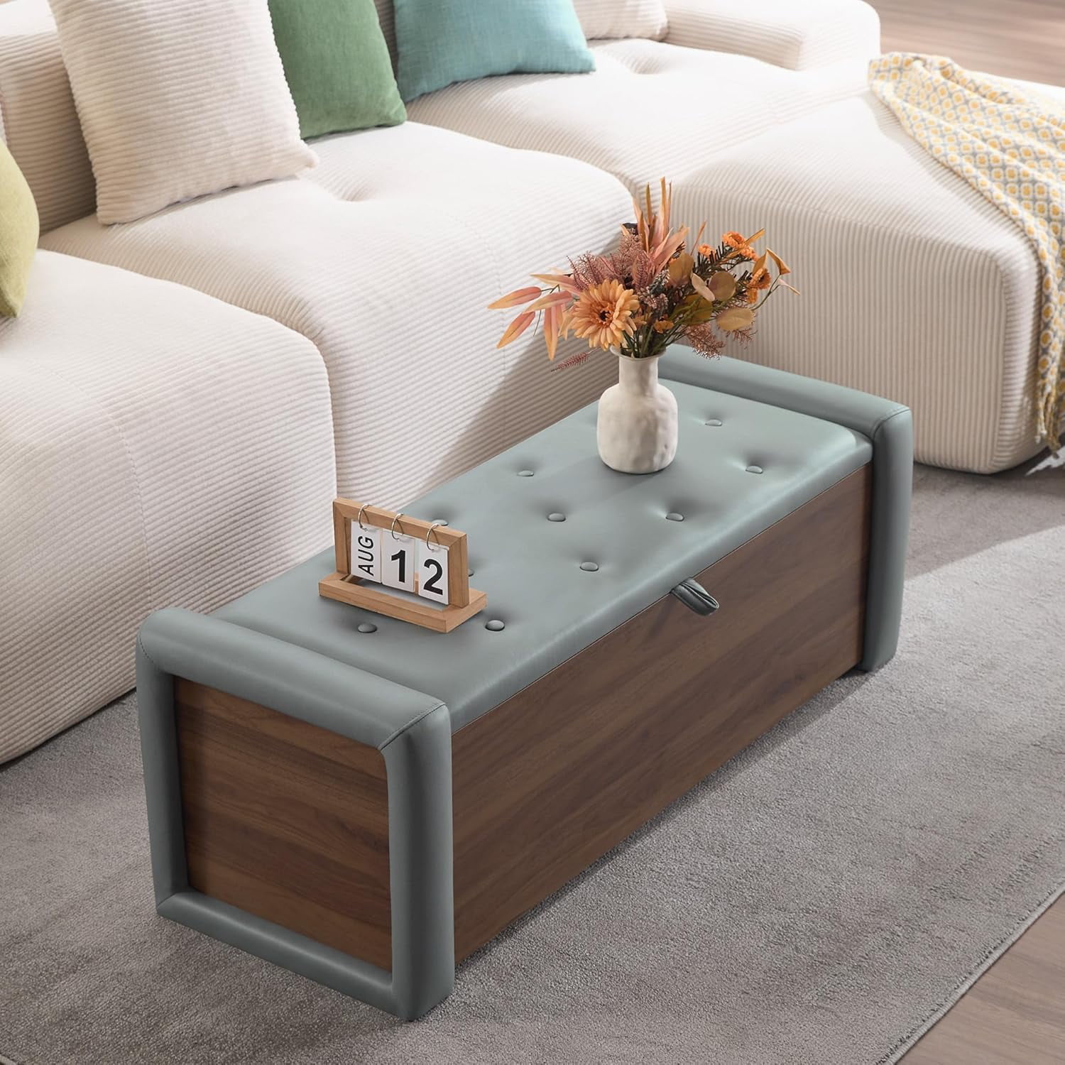 Storage Ottoman Bench, Upholstered Faux Leather Storage Bench，Olive ...