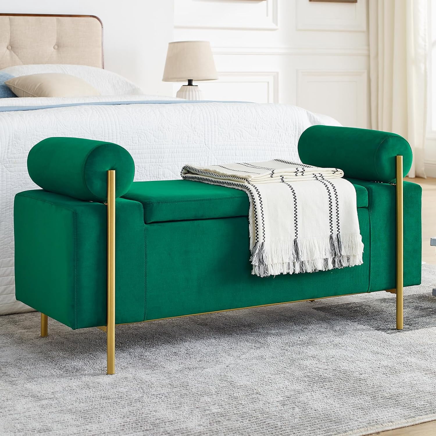 Storage Ottoman Bench, Velvet Upholstered Entryway Bench with Rolled ...