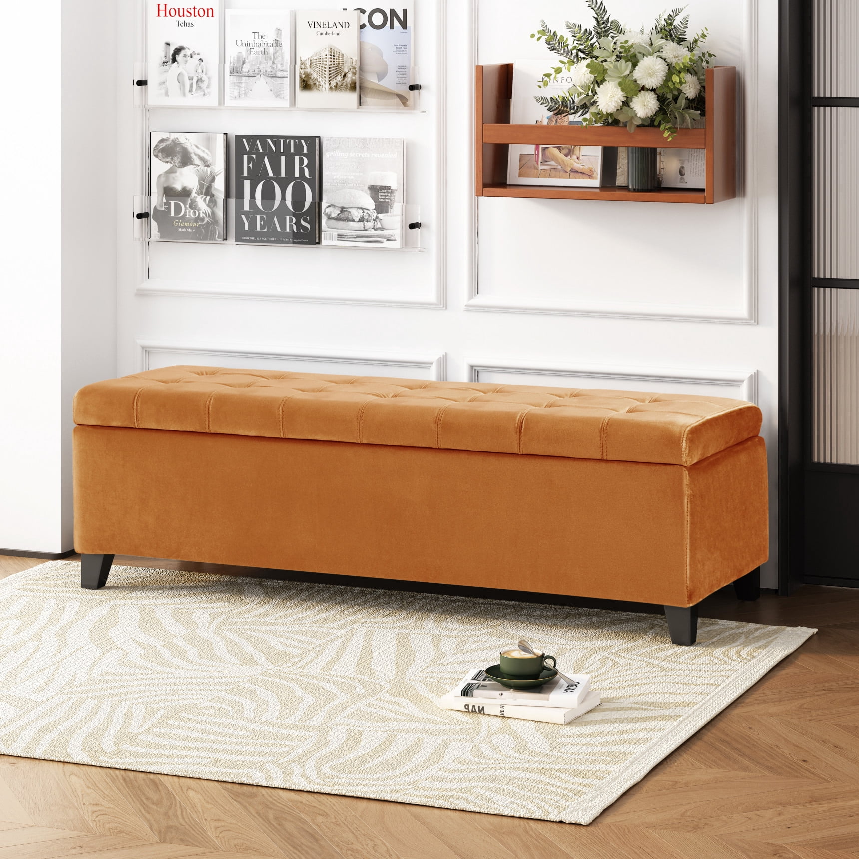 Storage Ottoman Bench with Lift-Top Storage, Velvet Upholstery & Birch ...