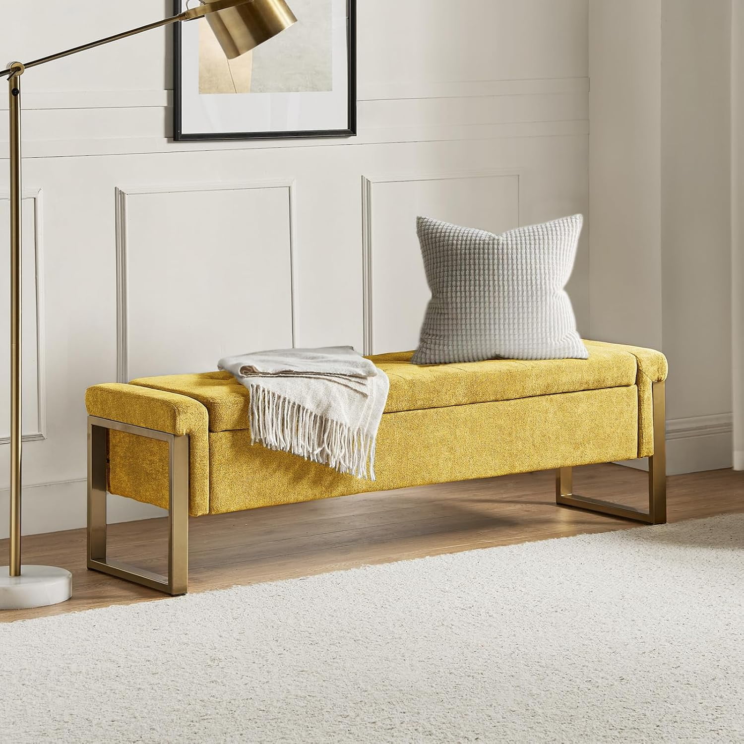 Storage Ottoman Bench with Metal Legs 55-inches Extra Long Accent Bench ...