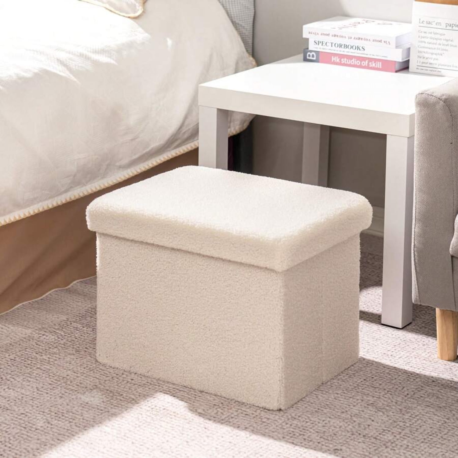 Storage Ottoman Cube, White Folding Small Ottoman with Storage, Sherpa ...