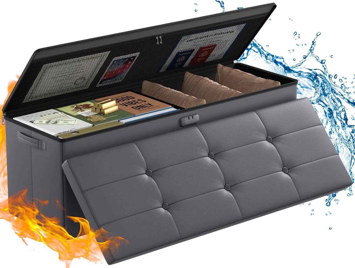 Storage Ottoman, Fireproof Folding Bench with Lock(15”x 43”x15”), Water ...