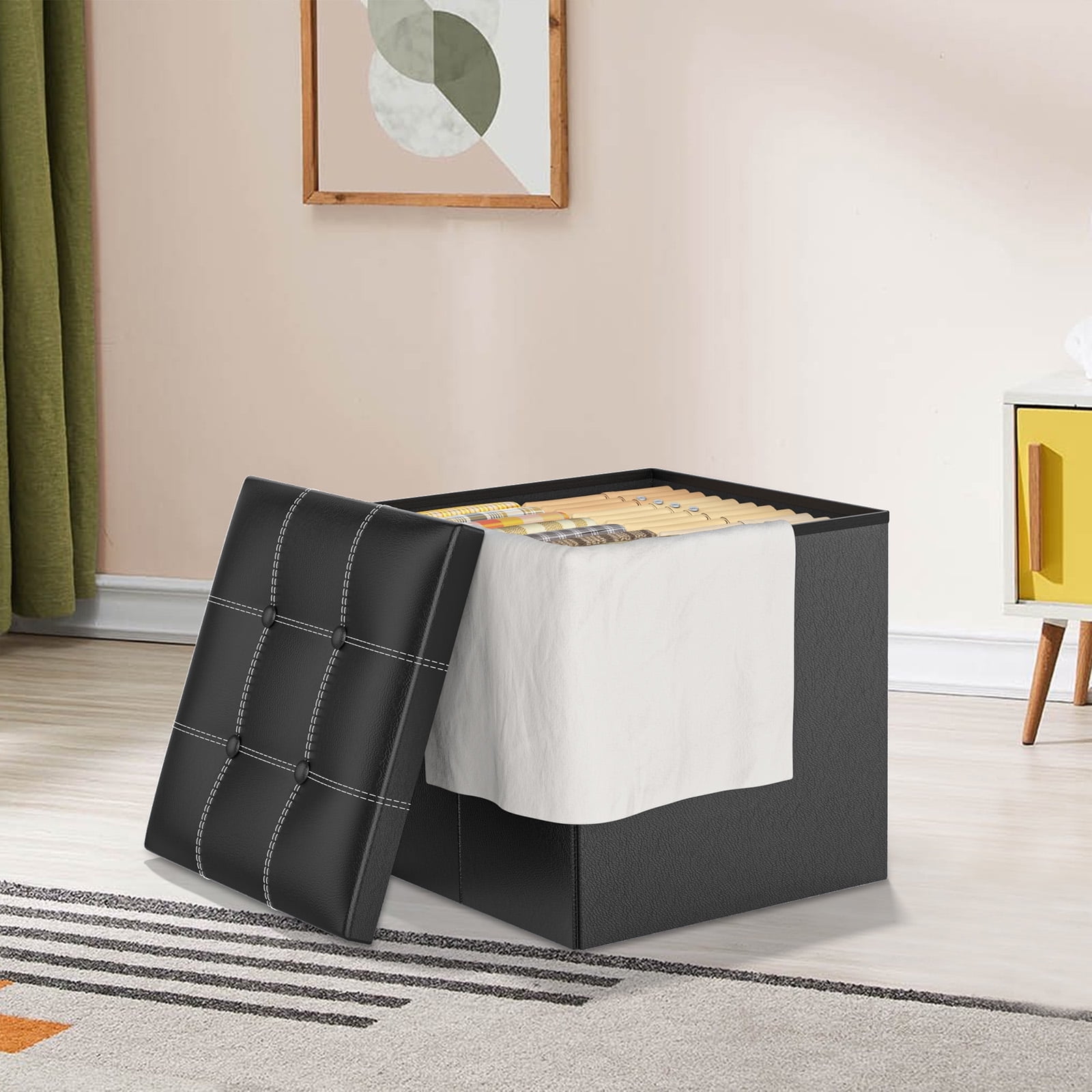 Storage Ottoman, 15 inch Foot Rest Stool, 40L Folding Leather Footstool ...