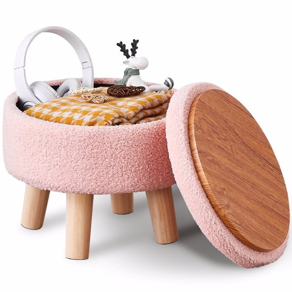 Storage Ottoman, Modern Round Footrest with Soft Padded Seat, Teddy ...