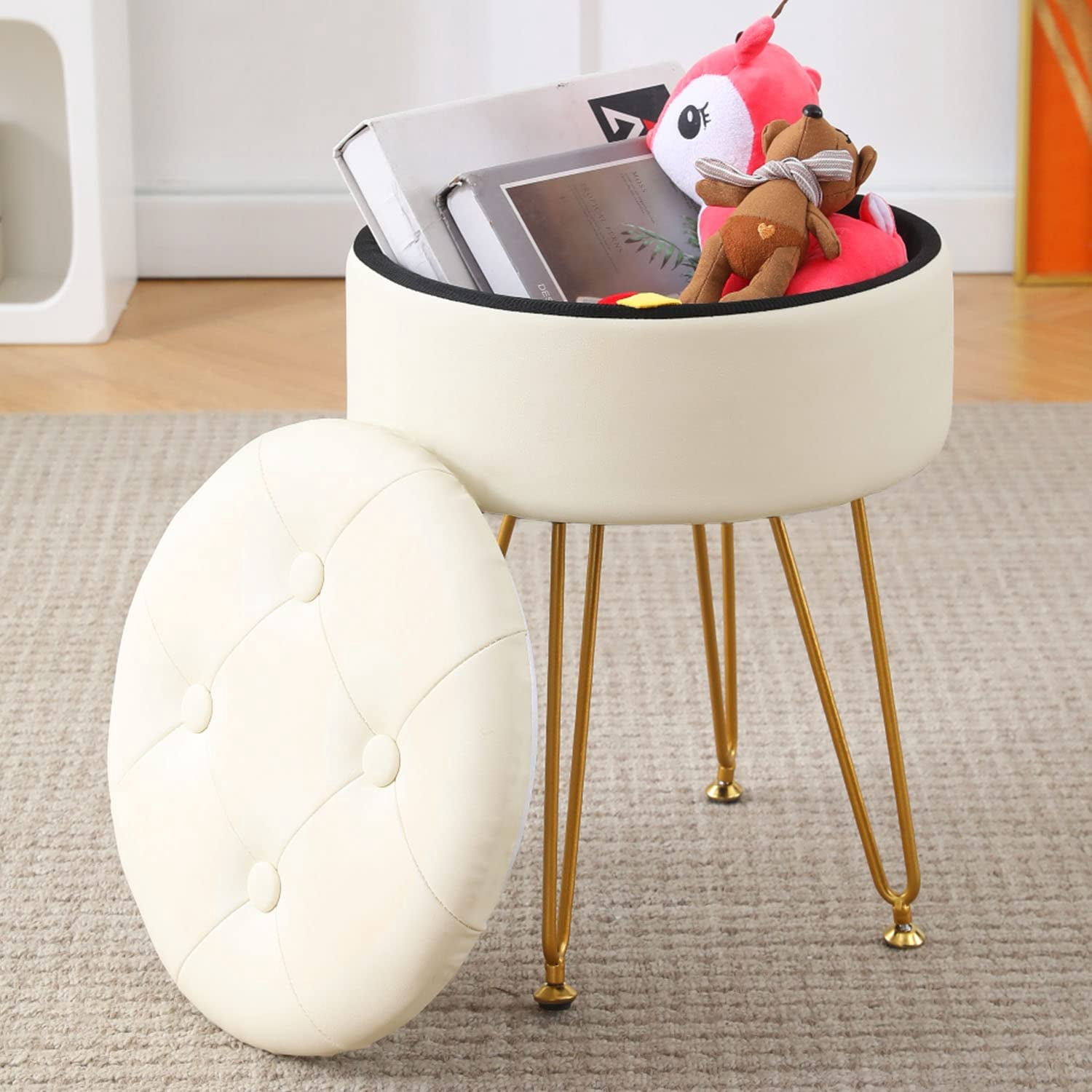 Storage Ottoman Oil Wax Faux Leather Round Footrest Stool ...