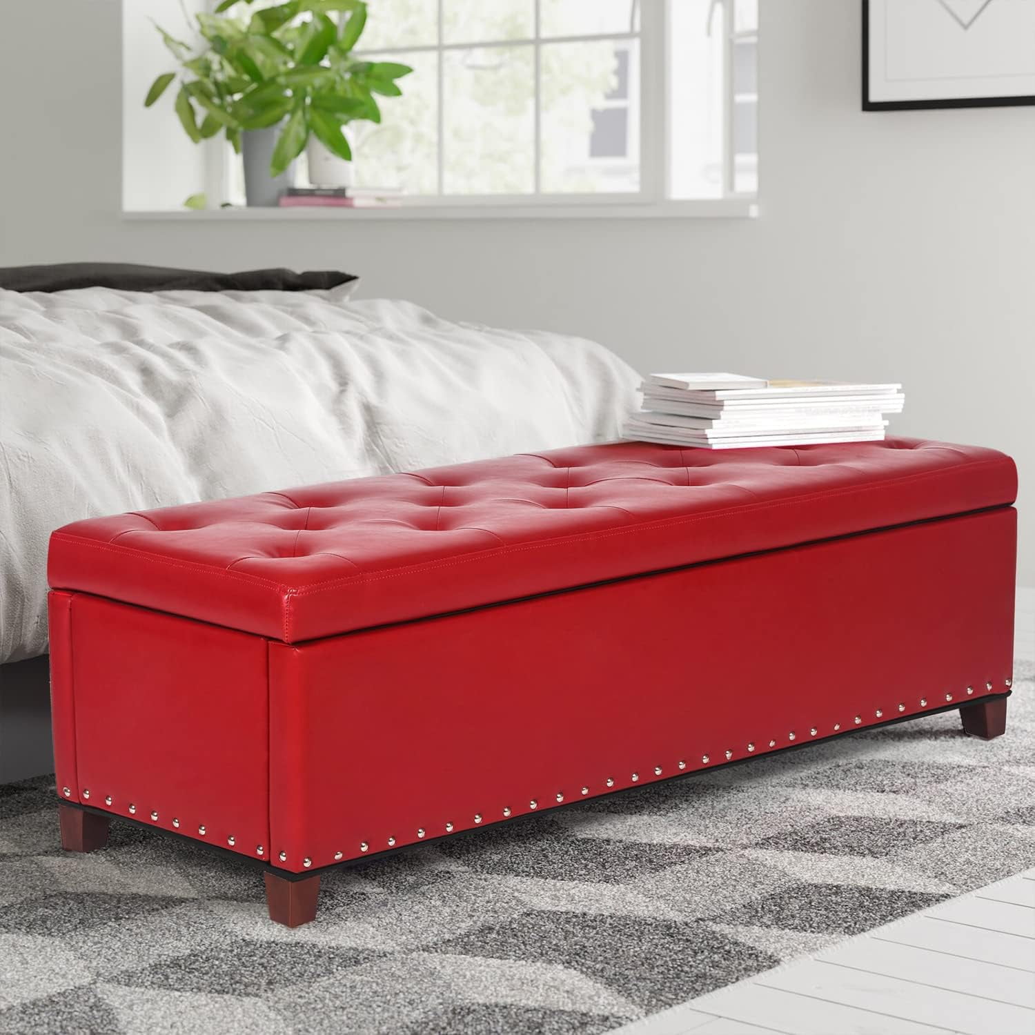 Storage Ottoman PU Leather Button Tufted Entryway Bench Rectangular Toy ...